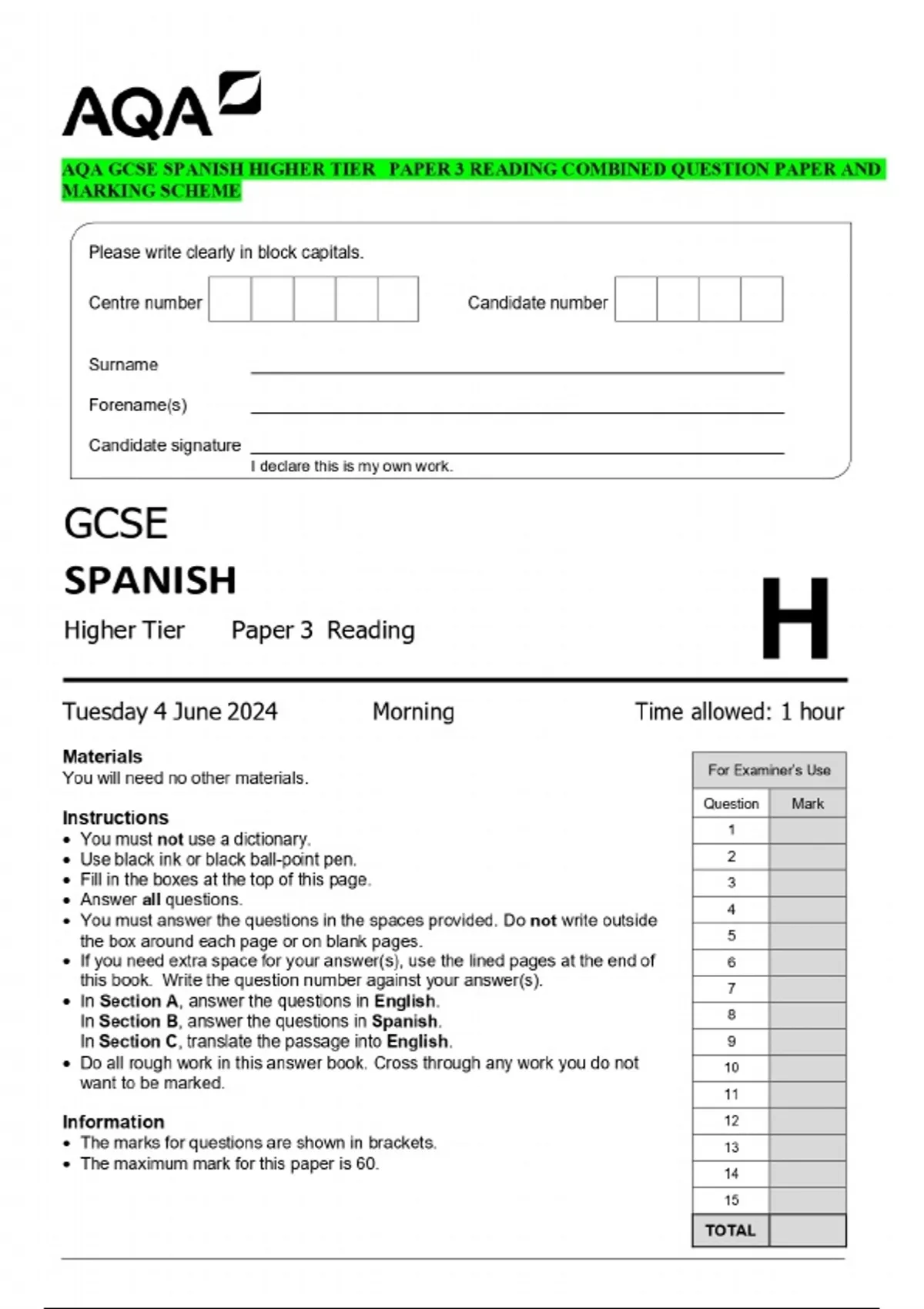 AQA GCSE SPANISH HIGHER TIER PAPER 3 READING COMBINED QUESTION PAPER ...