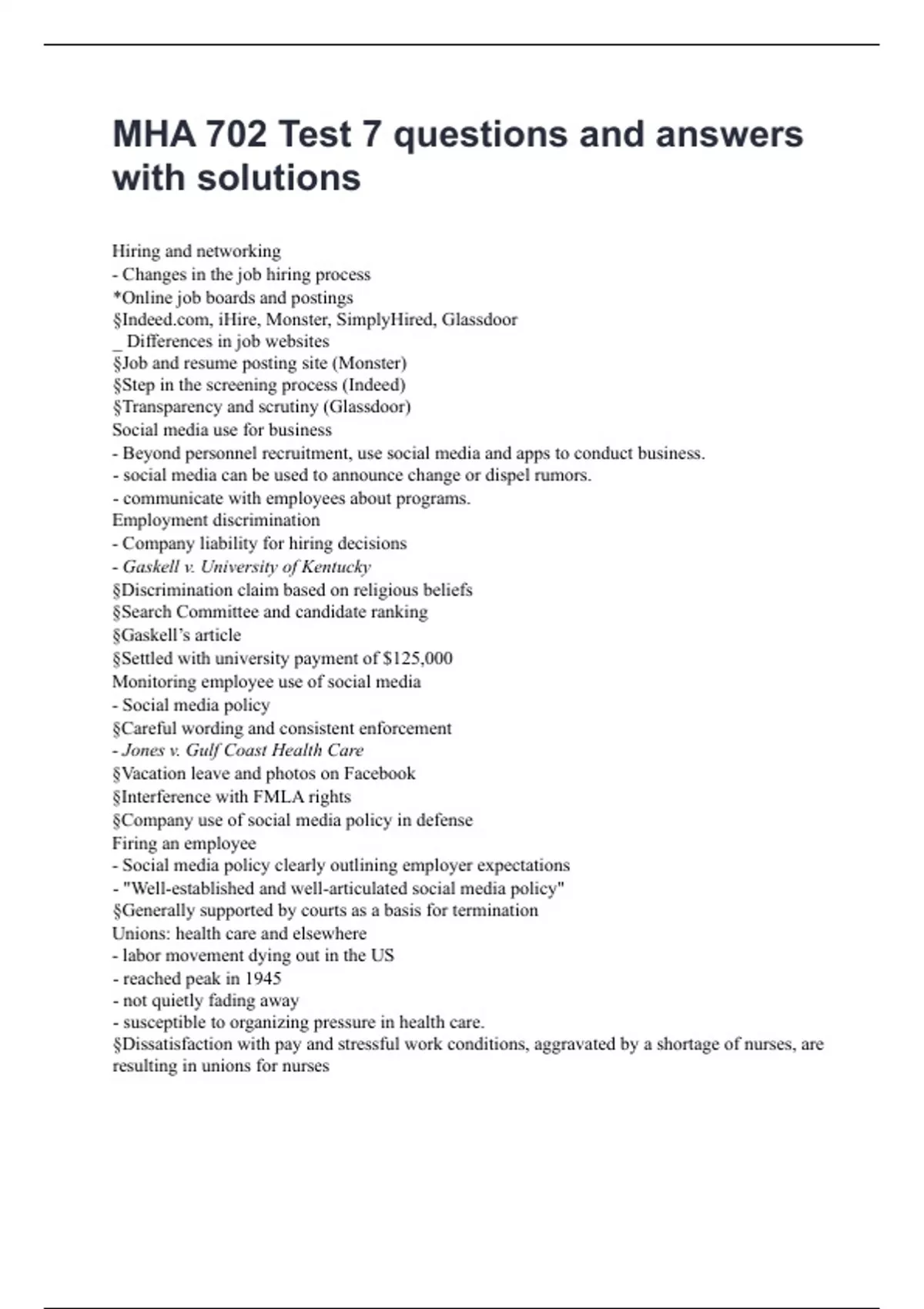 MHA 702 Test 7 questions and answers with solutions - MHA 702 - Stuvia US