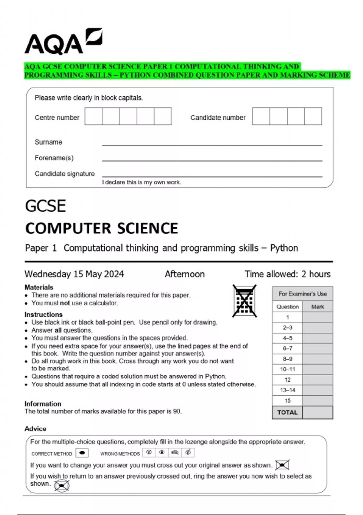 AQA GCSE COMPUTER SCIENCE PAPER 1 COMPUTATIONAL THINKING AND PROGRAMMING SKILLS – PYTHON ...