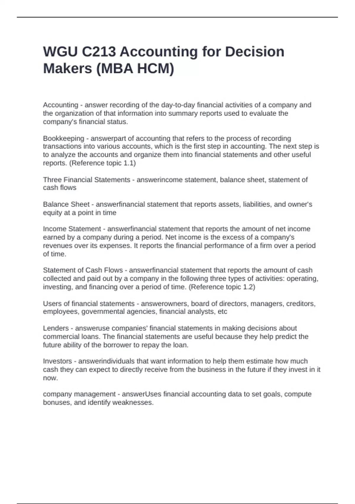 WGU C213 Accounting for Decision Makers (MBA HCM) Questions with ...