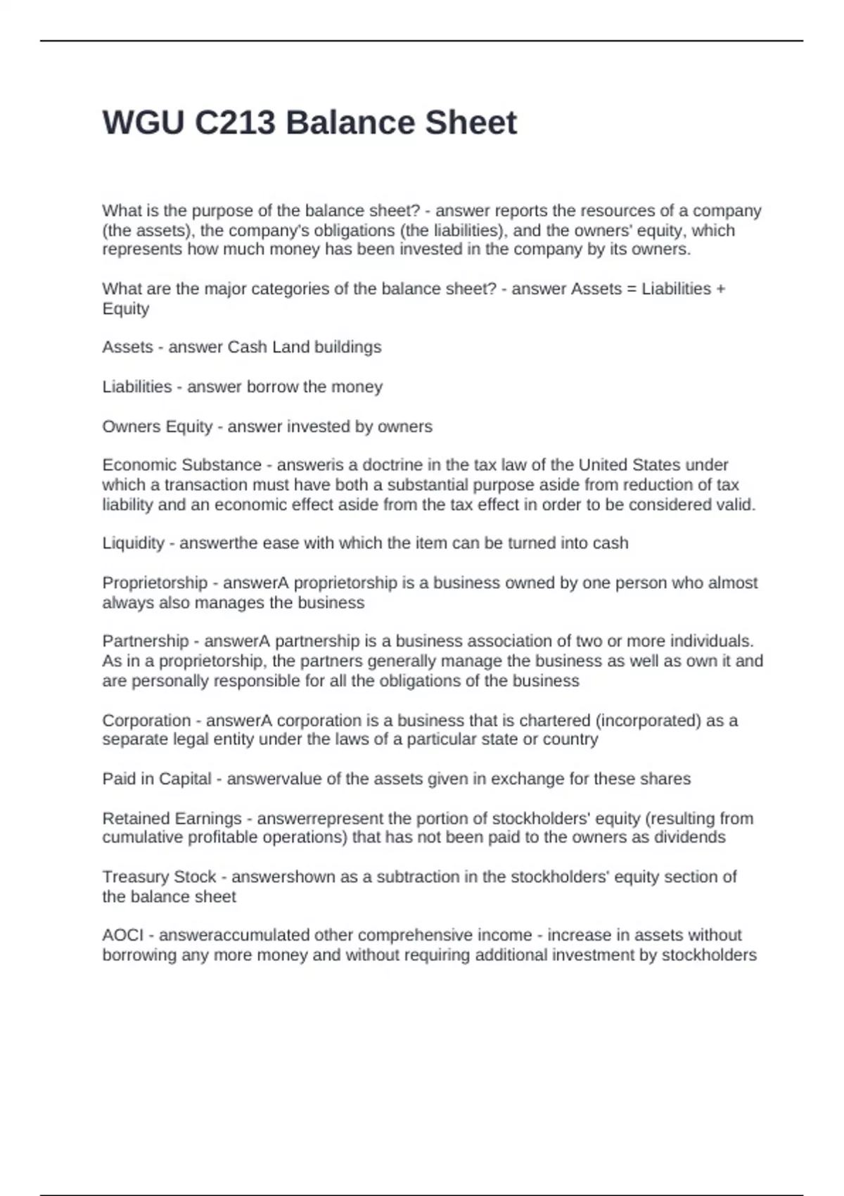 WGU C213 Balance Sheet Questions with Correct Answers - WGU C213 ...