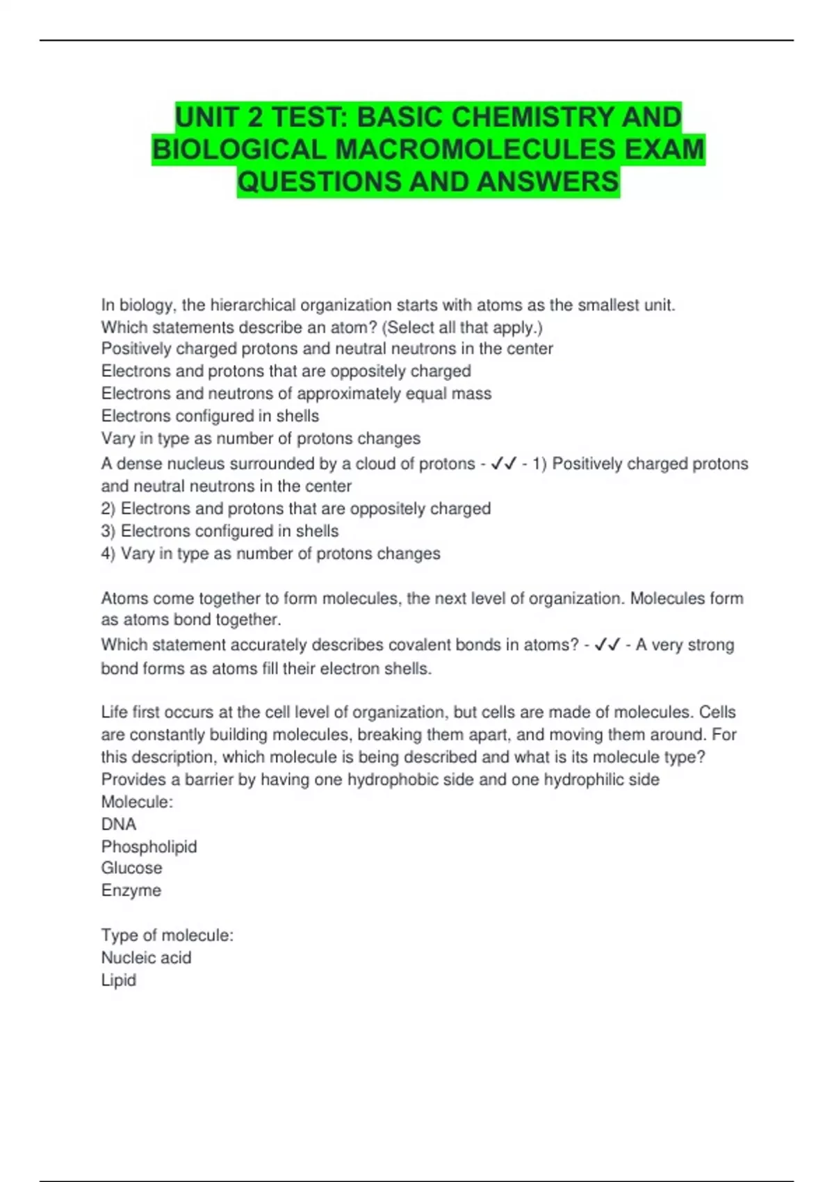 UNIT 2 TEST: BASIC CHEMISTRY AND BIOLOGICAL MACROMOLECULES EXAM ...