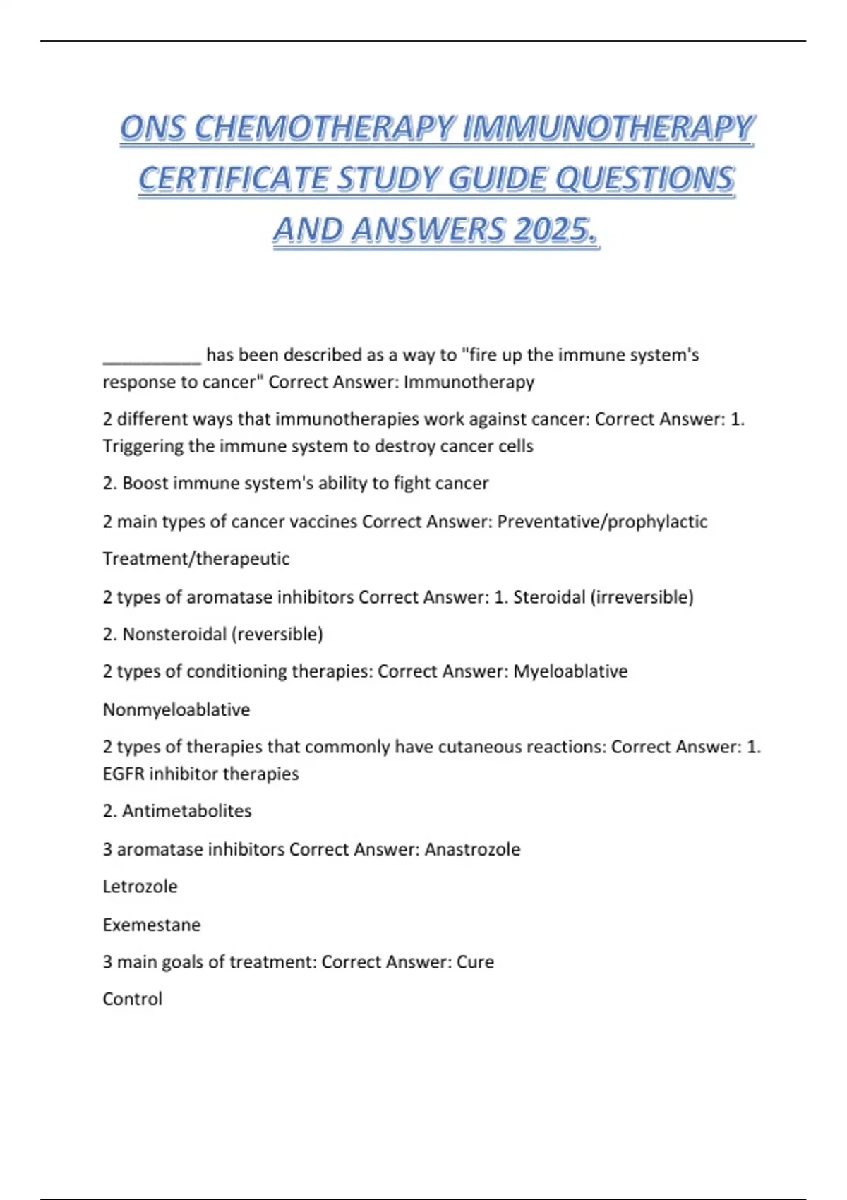 ONS CHEMOTHERAPY IMMUNOTHERAPY CERTIFICATE STUDY GUIDE QUESTIONS AND ...