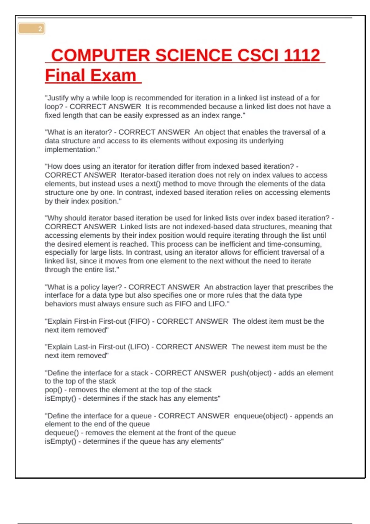 COMPUTER SCIENCE CSCI 1112 Final Exam - COMPUTER SCIENCE - Stuvia US