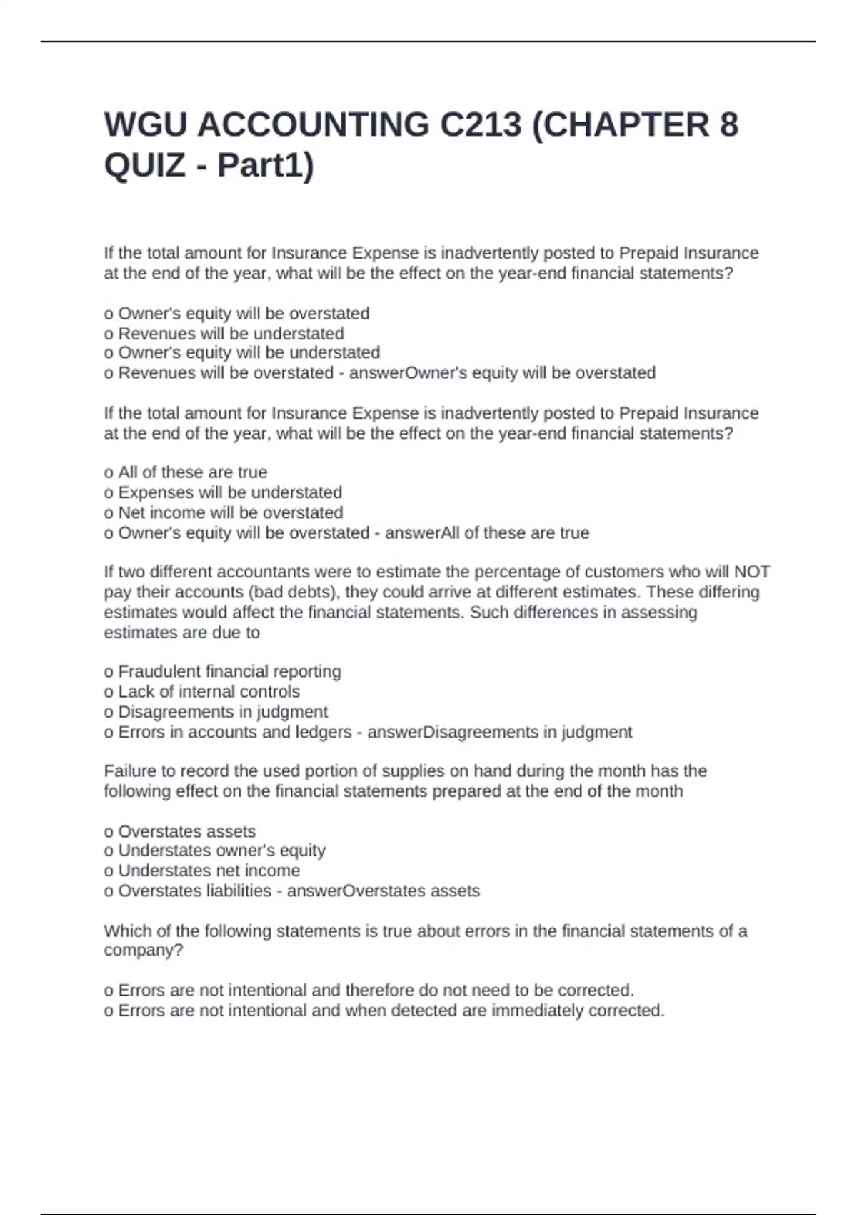 WGU ACCOUNTING C213 (CHAPTER 8 QUIZ - Part1) Questions with Accurate ...