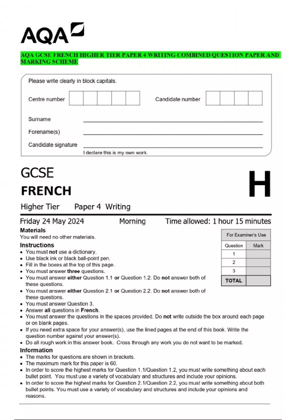 AQA GCSE FRENCH HIGHER TIER PAPER 4 WRITING COMBINED QUESTION PAPER AND ...