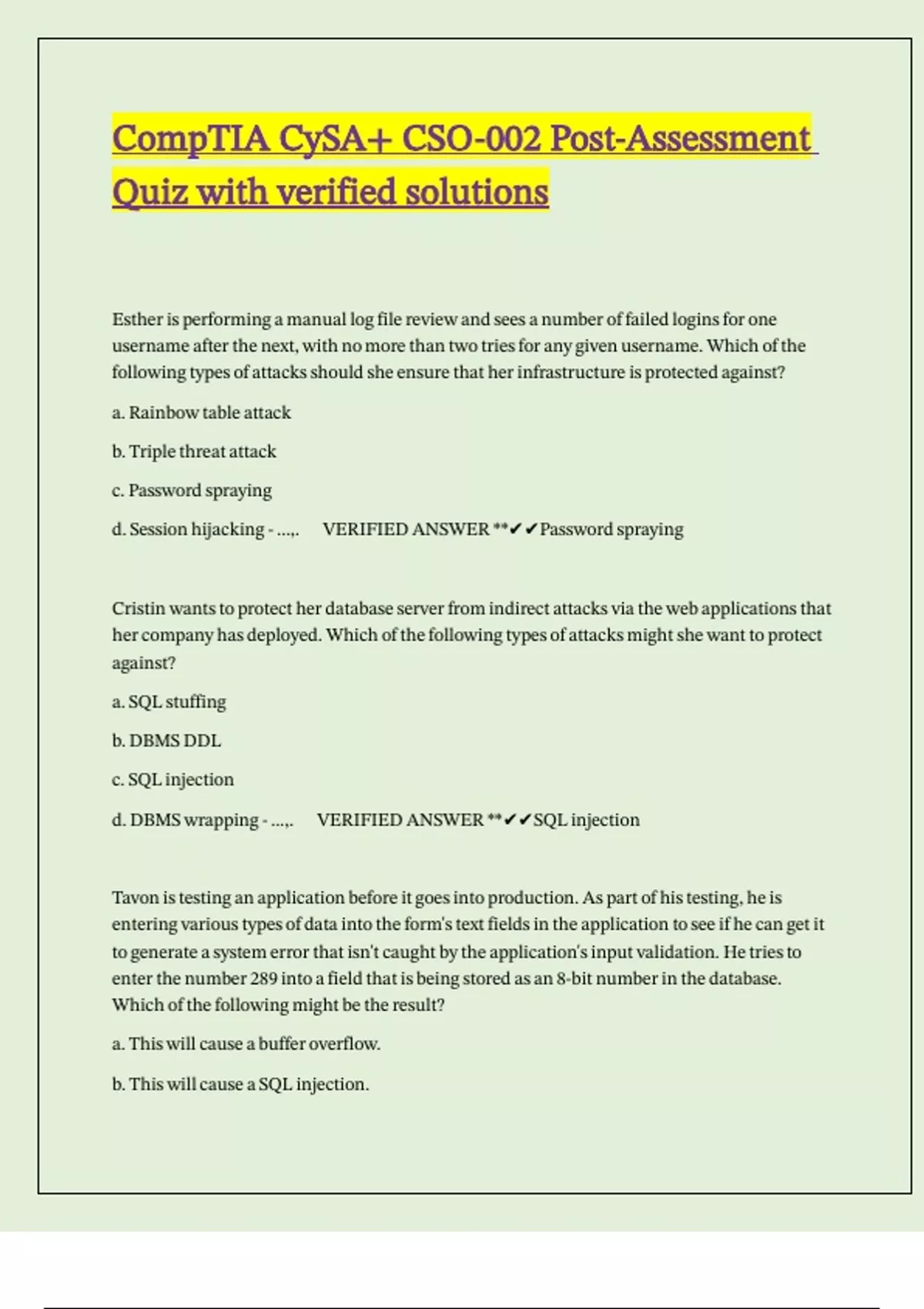 CompTIA CySA+ CSO-002 Post-Assessment Quiz with verified solutions ...