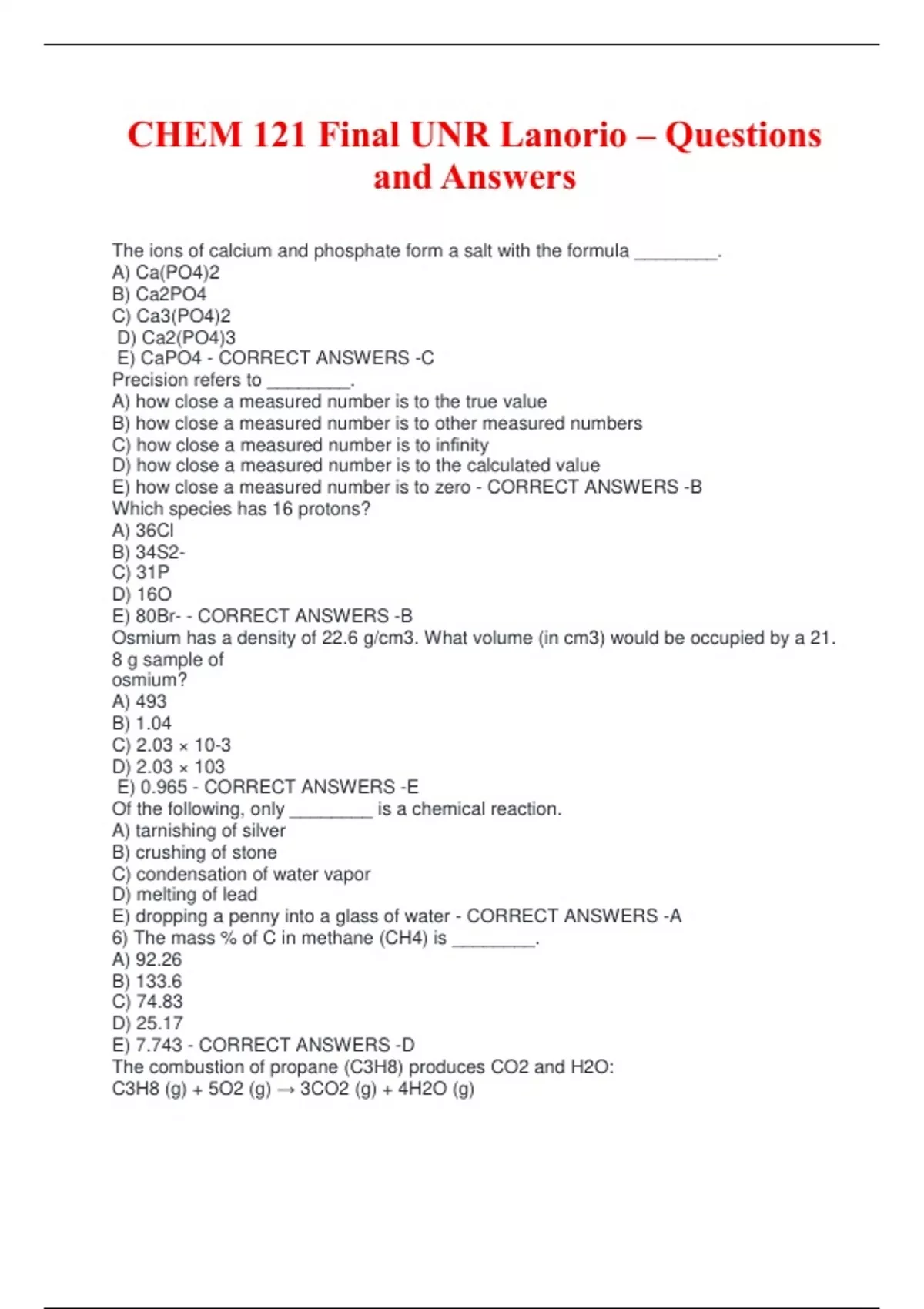 CHEM 121 Final UNR Lanorio – Questions and Answers - Chem - Stuvia US