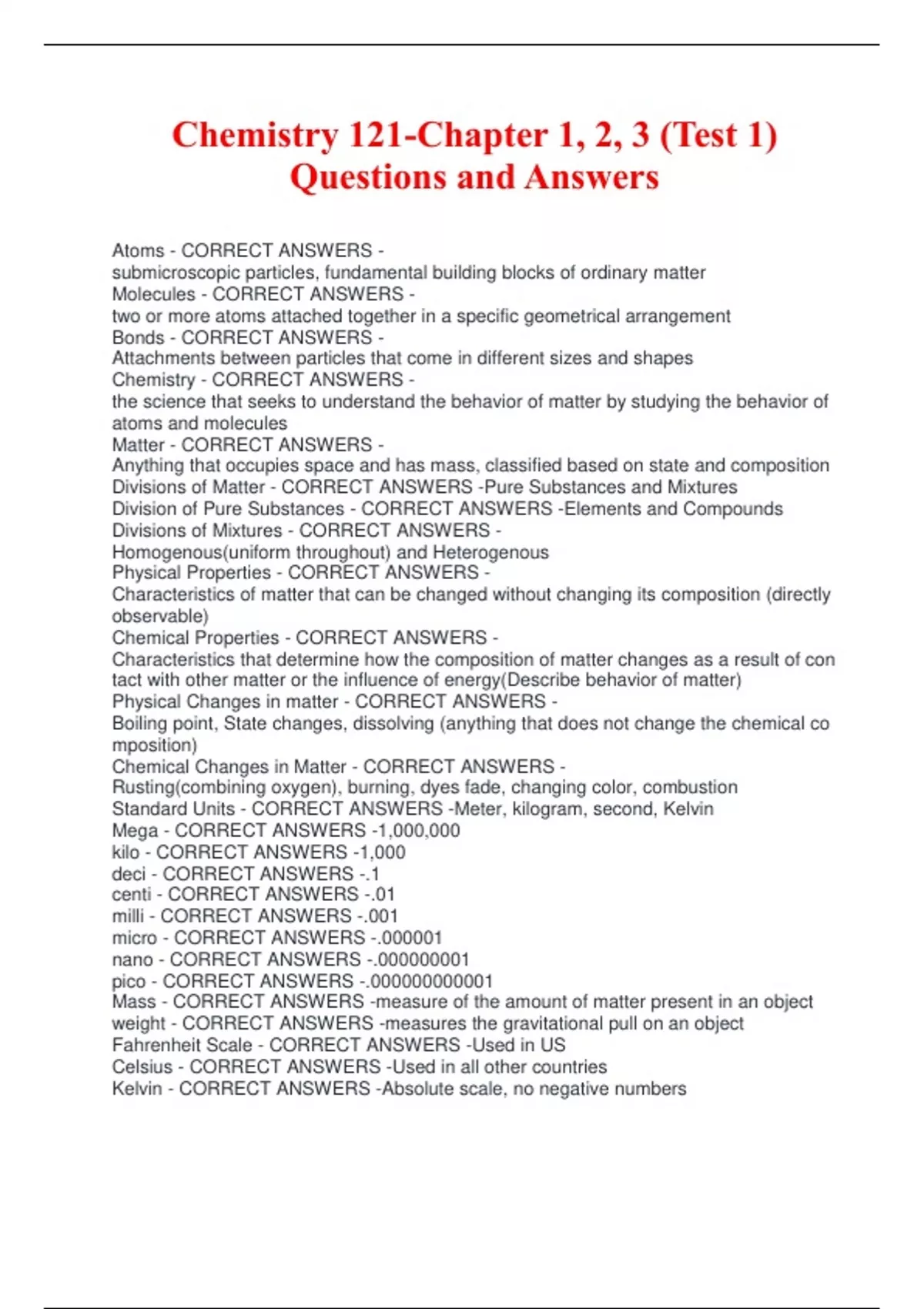 Chemistry 121-Chapter 1, 2, 3 (Test 1) Questions and Answers - Chem ...