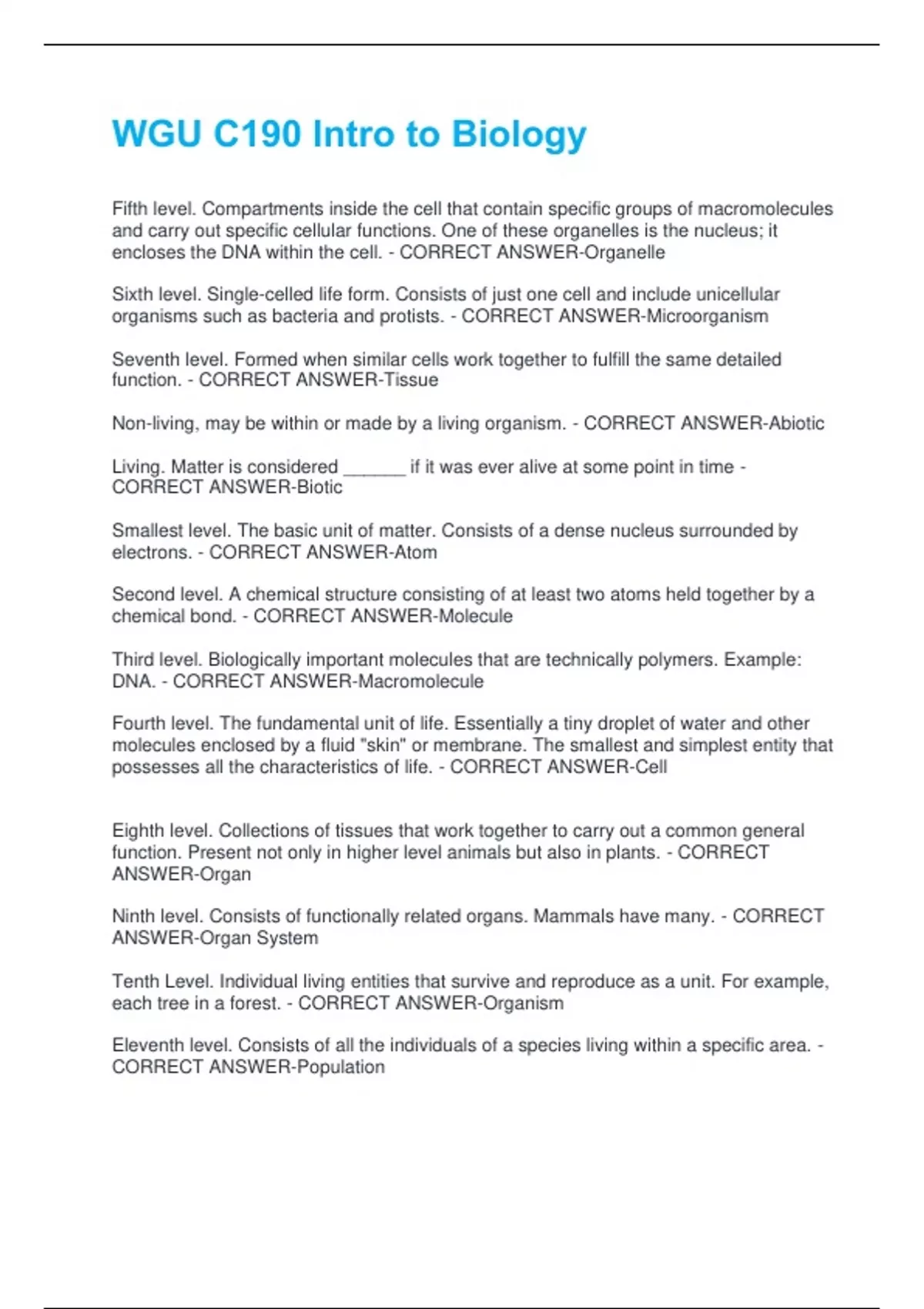 WGU C190 Intro to Biology | Questions and Answers | 2025 Revised Update ...