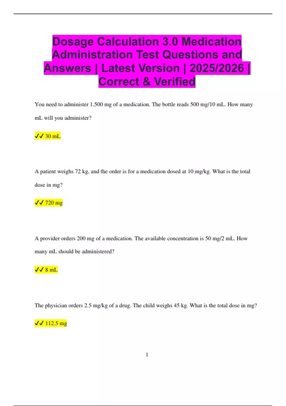 Dosage Calculation 3.0 Medication Administration Test Questions and ...