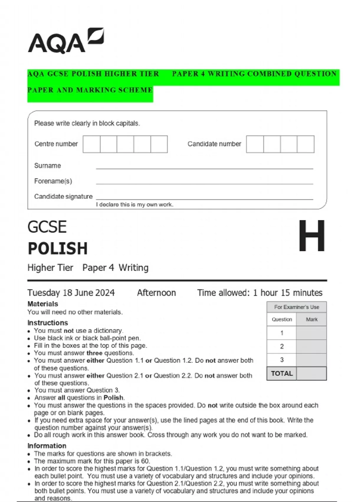 AQA GCSE POLISH HIGHER TIER PAPER 4 WRITING COMBINED QUESTION PAPER AND ...