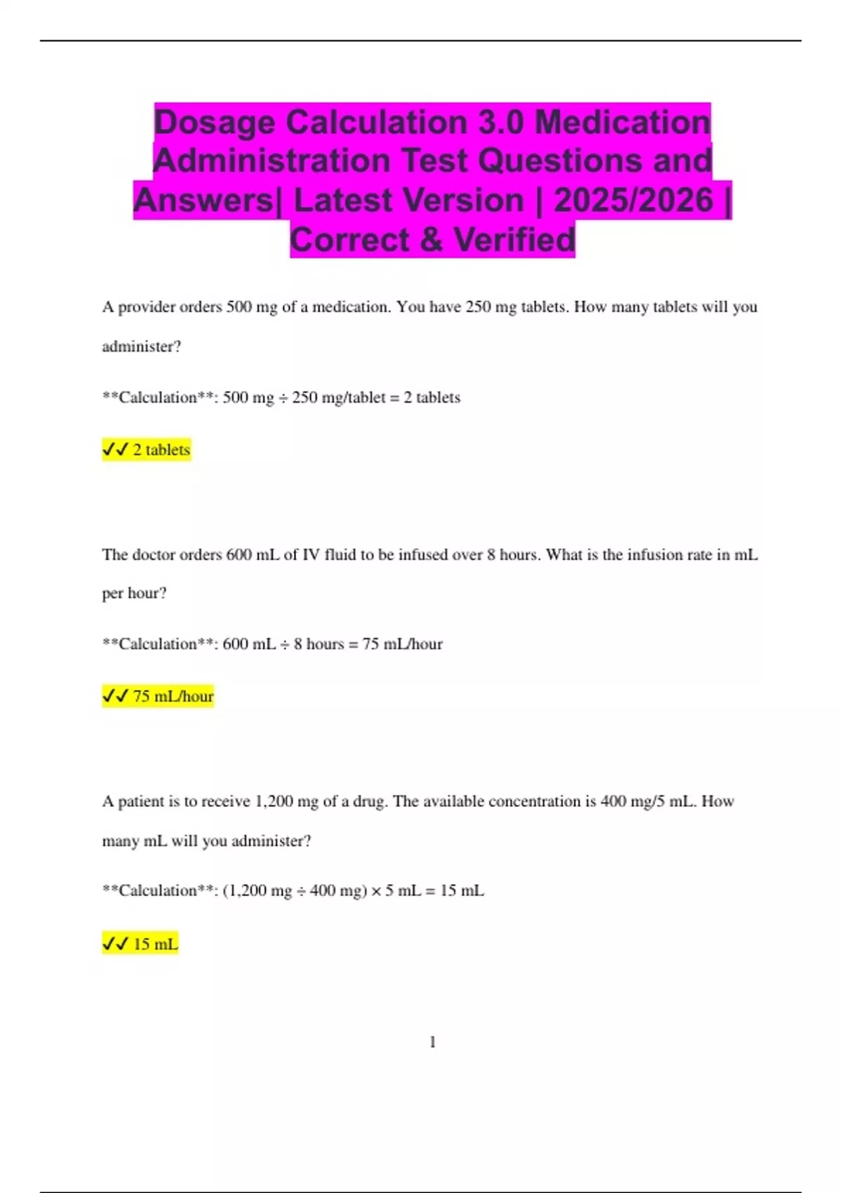 Dosage Calculation 3.0 Medication Administration Test Questions and ...