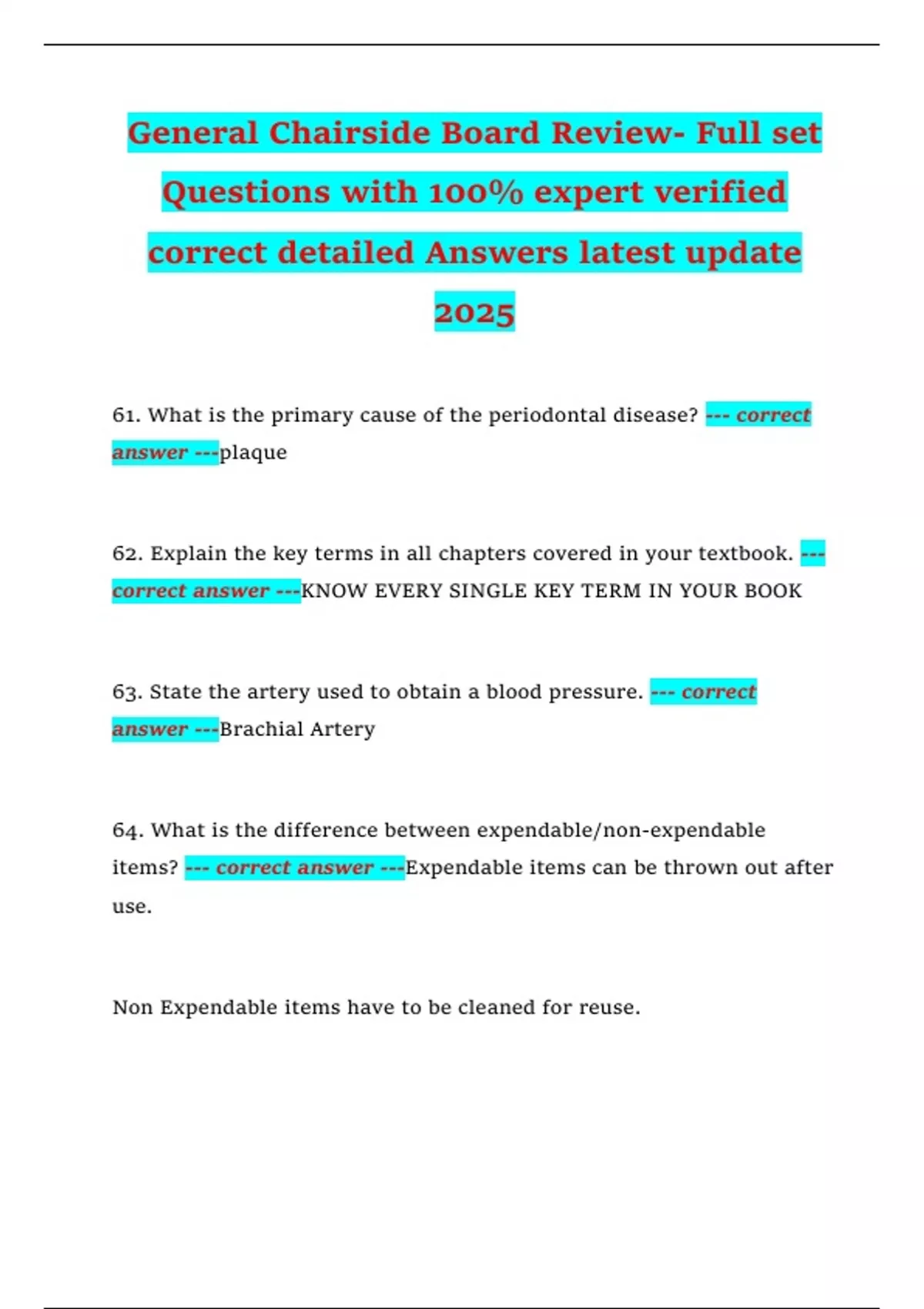 General Chairside Board Review- Full set Questions with 100% expert ...