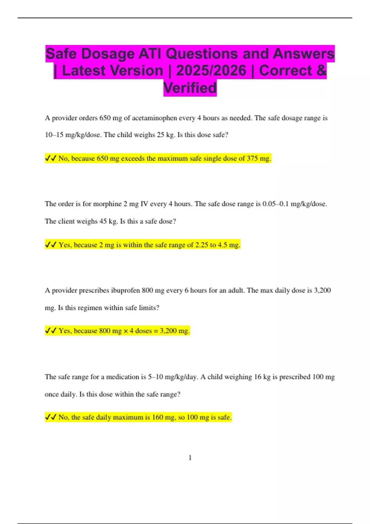 Safe Dosage ATI Questions and Answers | Latest Version | 2025/2026 ...