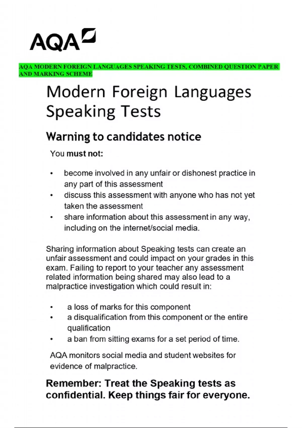 AQA MODERN FOREIGN LANGUAGES SPEAKING TESTS, COMBINED QUESTION PAPER ...