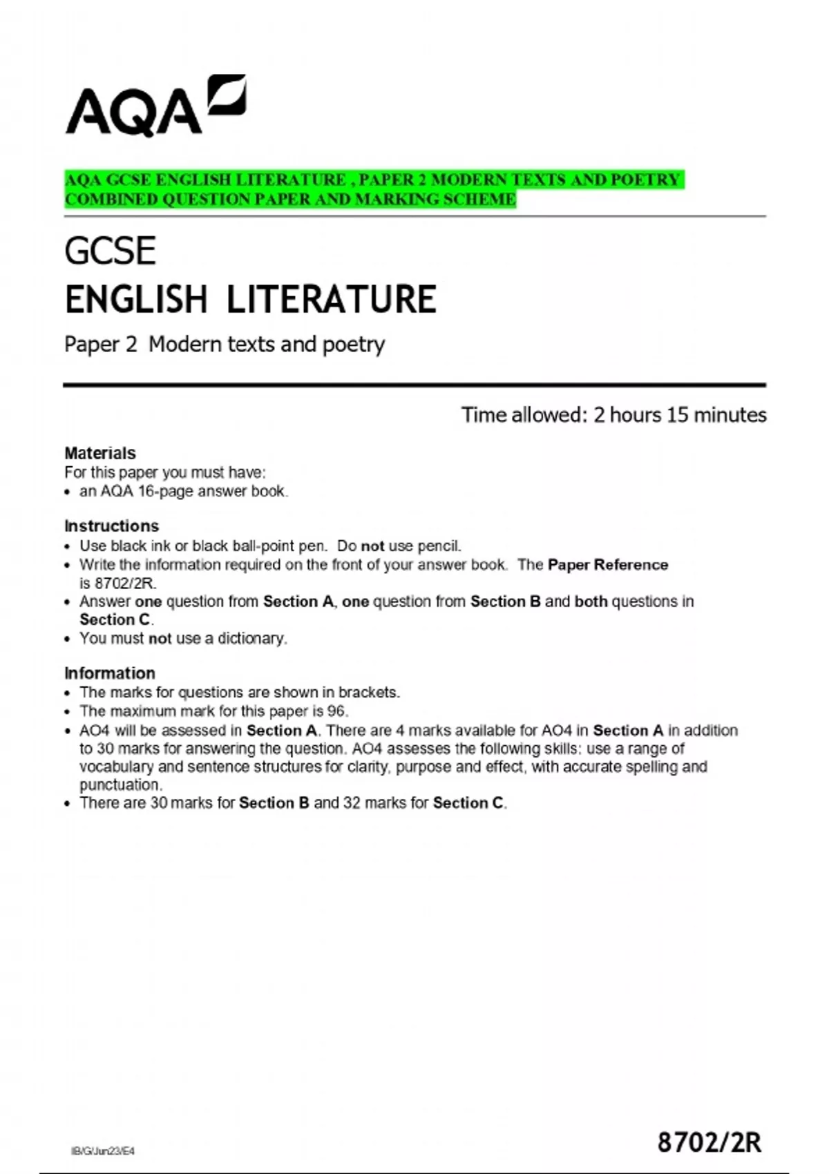 AQA GCSE ENGLISH LITERATURE , PAPER 2 MODERN TEXTS AND POETRY COMBINED ...