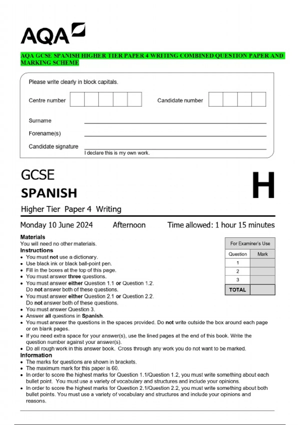 AQA GCSE SPANISH HIGHER TIER PAPER 4 WRITING COMBINED QUESTION PAPER ...