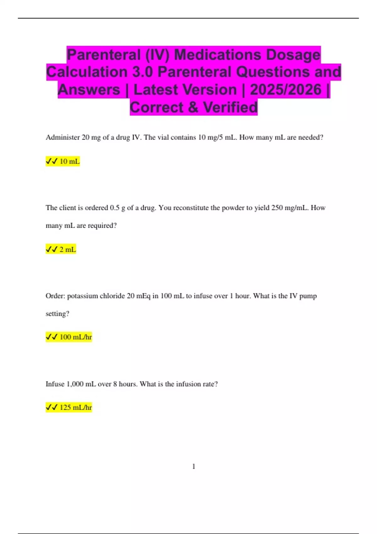 Parenteral (IV) Medications Dosage Calculation 3.0 Parenteral Questions ...