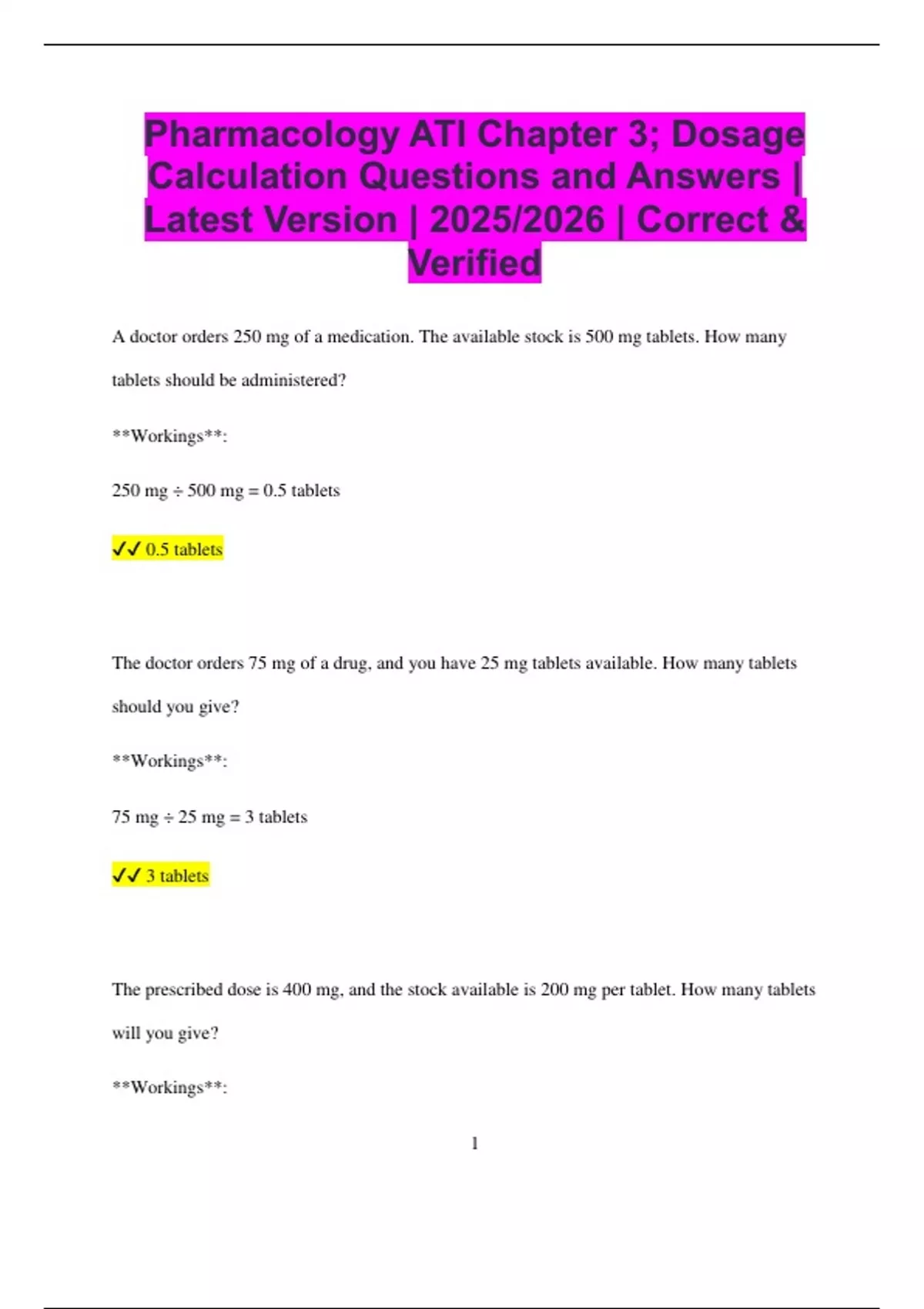 Pharmacology ATI Chapter 3; Dosage Calculation Questions and Answers ...