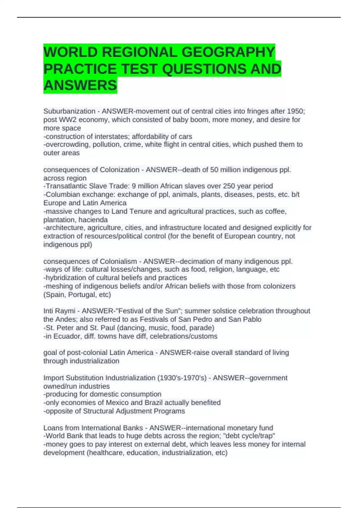 WORLD REGIONAL GEOGRAPHY PRACTICE TEST QUESTIONS AND ANSWERS - World ...