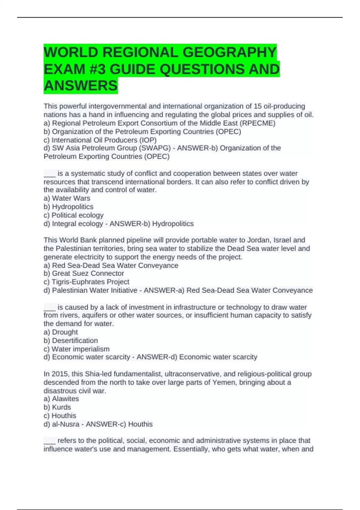 WORLD REGIONAL GEOGRAPHY EXAM #3 GUIDE QUESTIONS AND ANSWERS - World ...