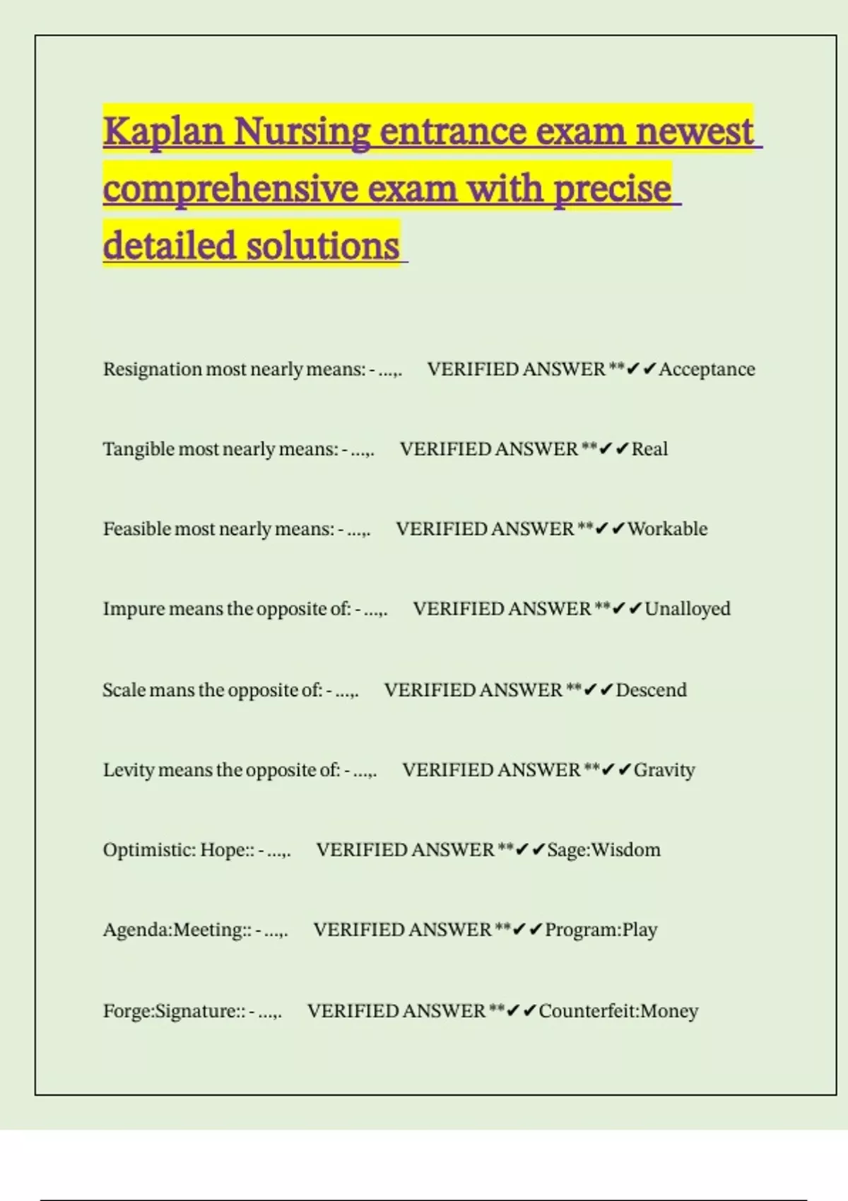 Kaplan Nursing entrance exam newest comprehensive exam with precise detailed solutions - Kaplan ...