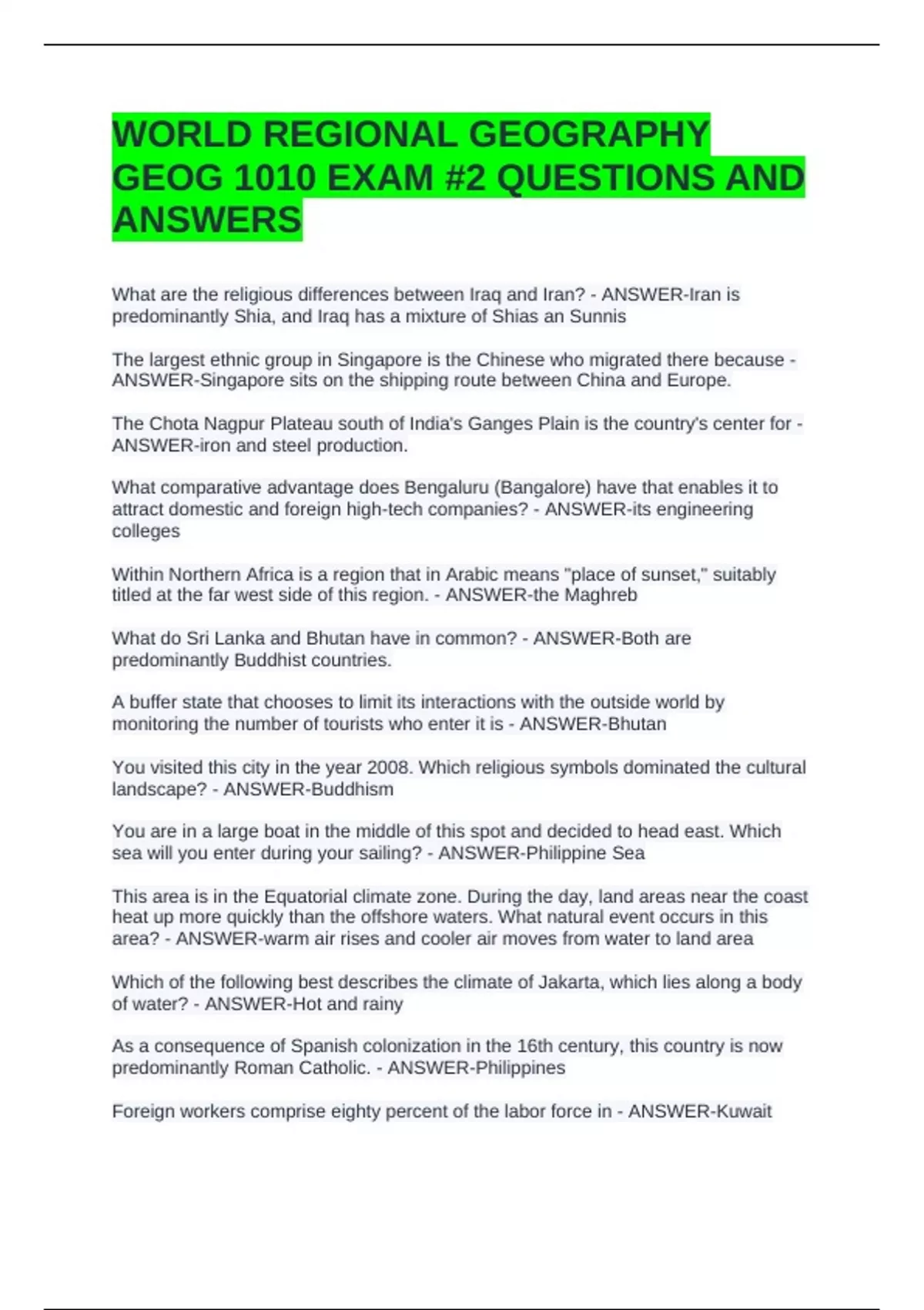 WORLD REGIONAL GEOGRAPHY GEOG 1010 EXAM #2 QUESTIONS AND ANSWERS ...