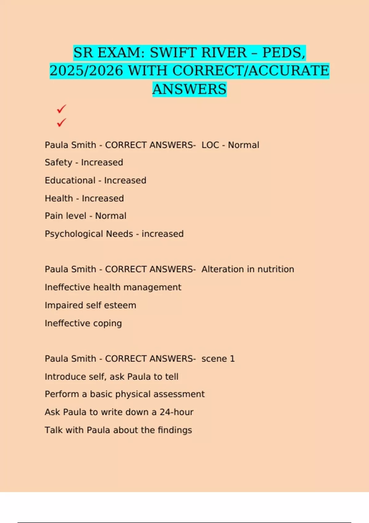 SR EXAM: SWIFT RIVER – PEDS, 2025/2026 WITH CORRECT/ACCURATE ANSWERS ...