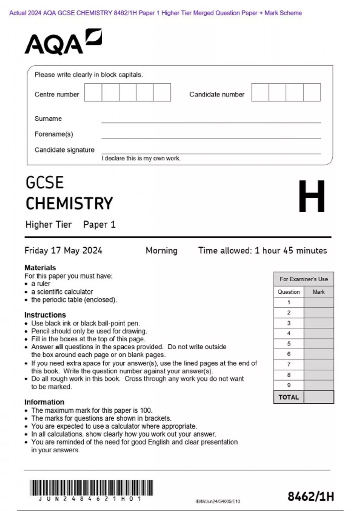 Actual 2024 AQA GCSE CHEMISTRY 8462/1H Paper 1 Higher Tier Merged Question Paper + Mark Scheme ...