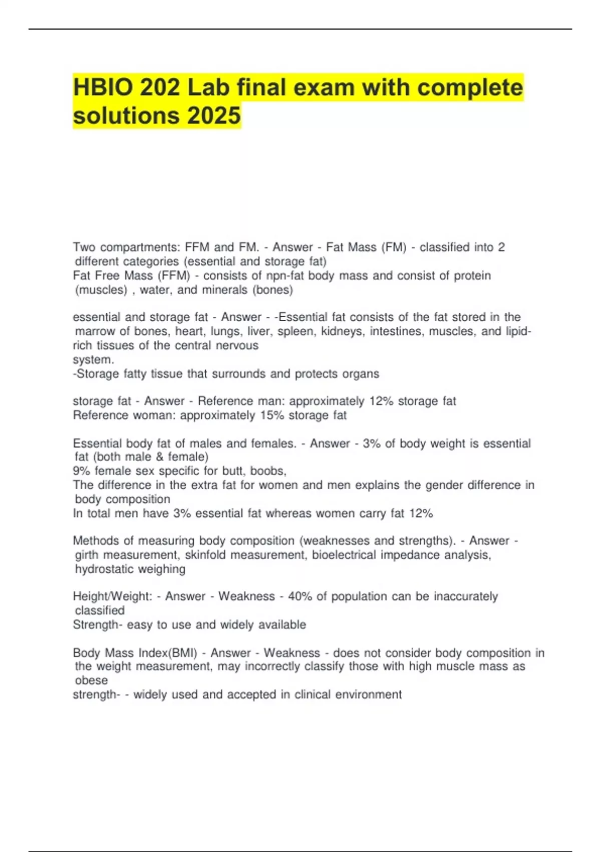 HBIO 202 Lab final exam with complete solutions 2025. - HBIO 202 ...