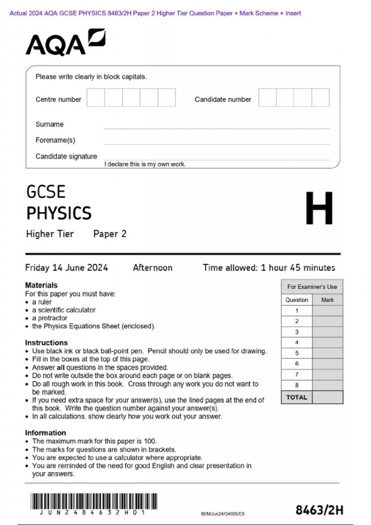 9.Actual 2024 AQA GCSE PHYSICS 8463/2H Paper 2 Higher Tier Question ...
