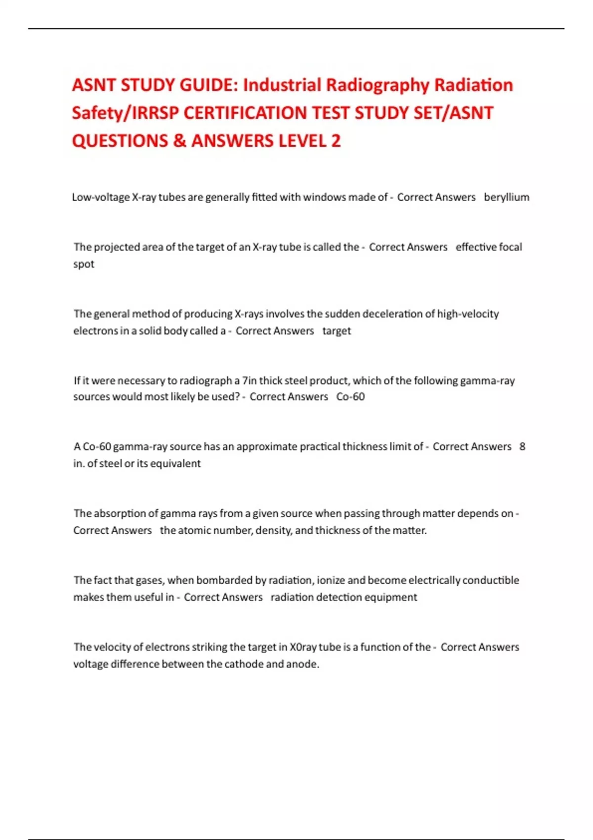 ASNT STUDY GUIDE: Industrial Radiography Radiation Safety/IRRSP ...