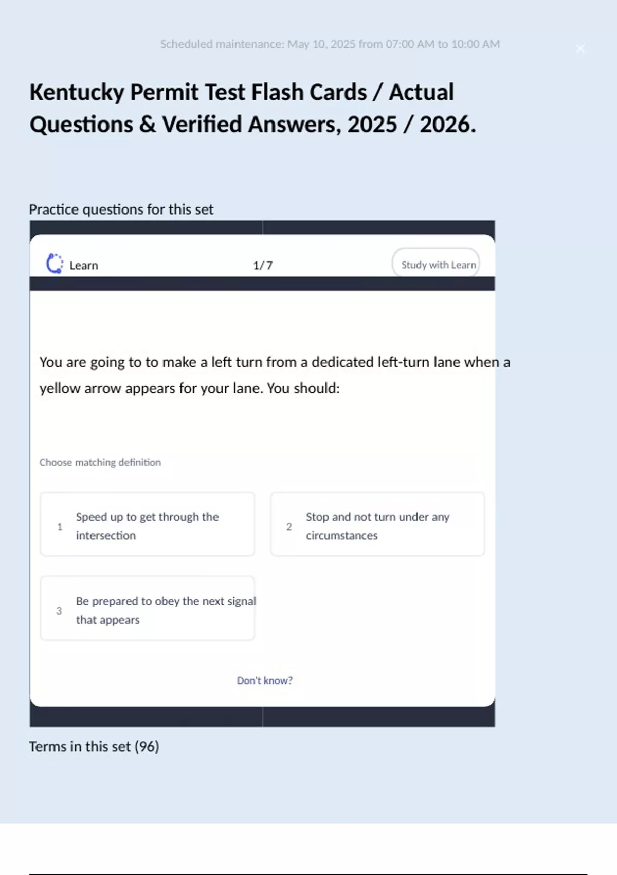 Kentucky Permit Test Flash Cards / Actual Questions & Verified Answers ...