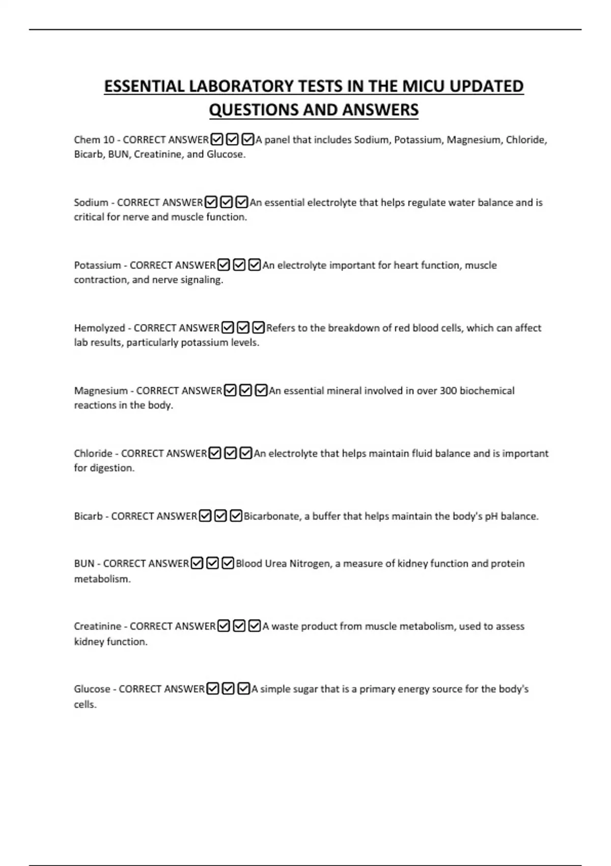 ESSENTIAL LABORATORY TESTS IN THE MICU UPDATED QUESTIONS AND ANSWERS ...