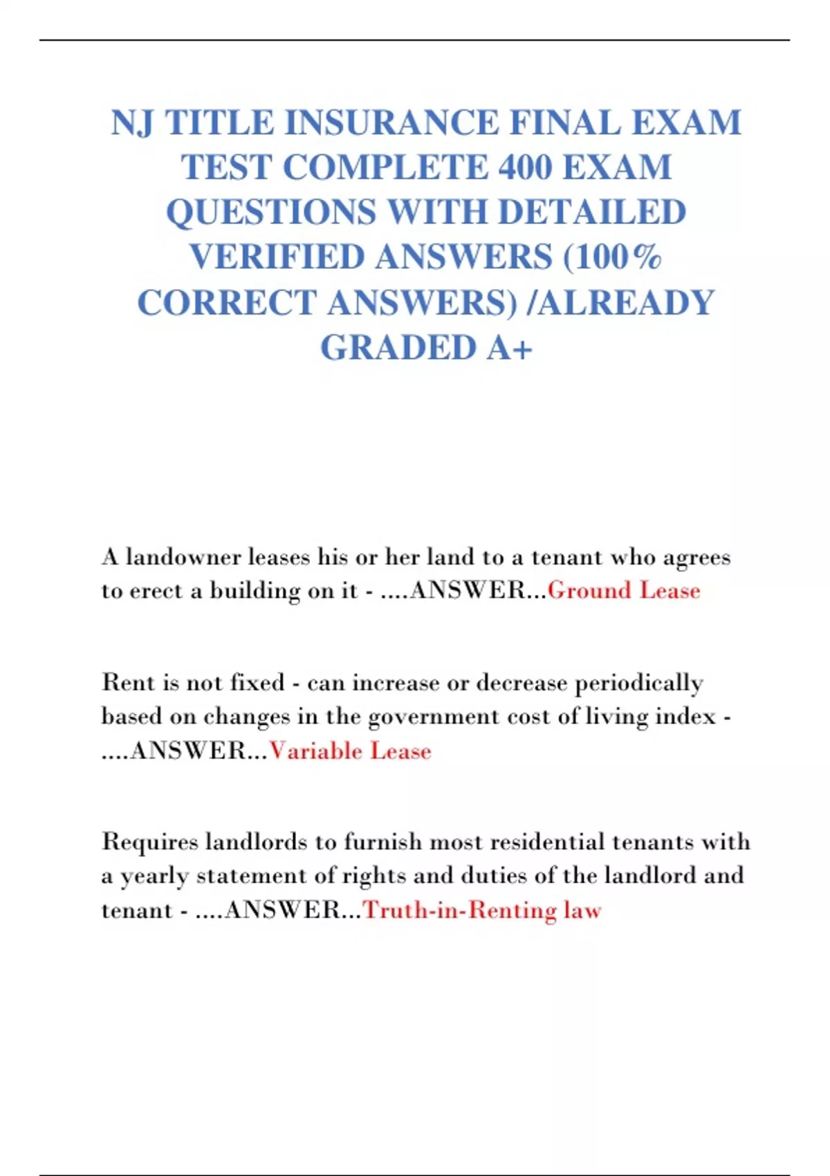 NJ TITLE INSURANCE FINAL EXAM TEST COMPLETE 400 EXAM QUESTIONS WITH ...