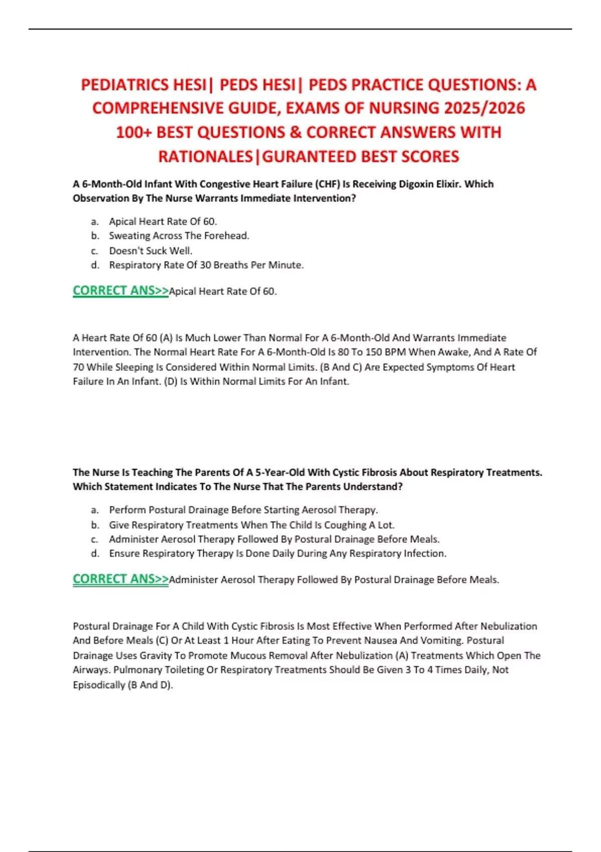 PEDIATRICS HESI| PEDS HESI| PEDS PRACTICE QUESTIONS: A COMPREHENSIVE ...