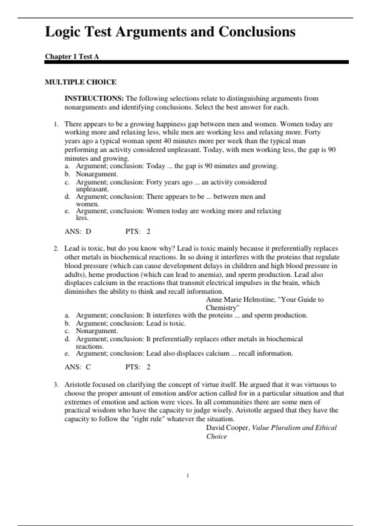 Logic Test Arguments and Conclusions - Arguments - Stuvia US
