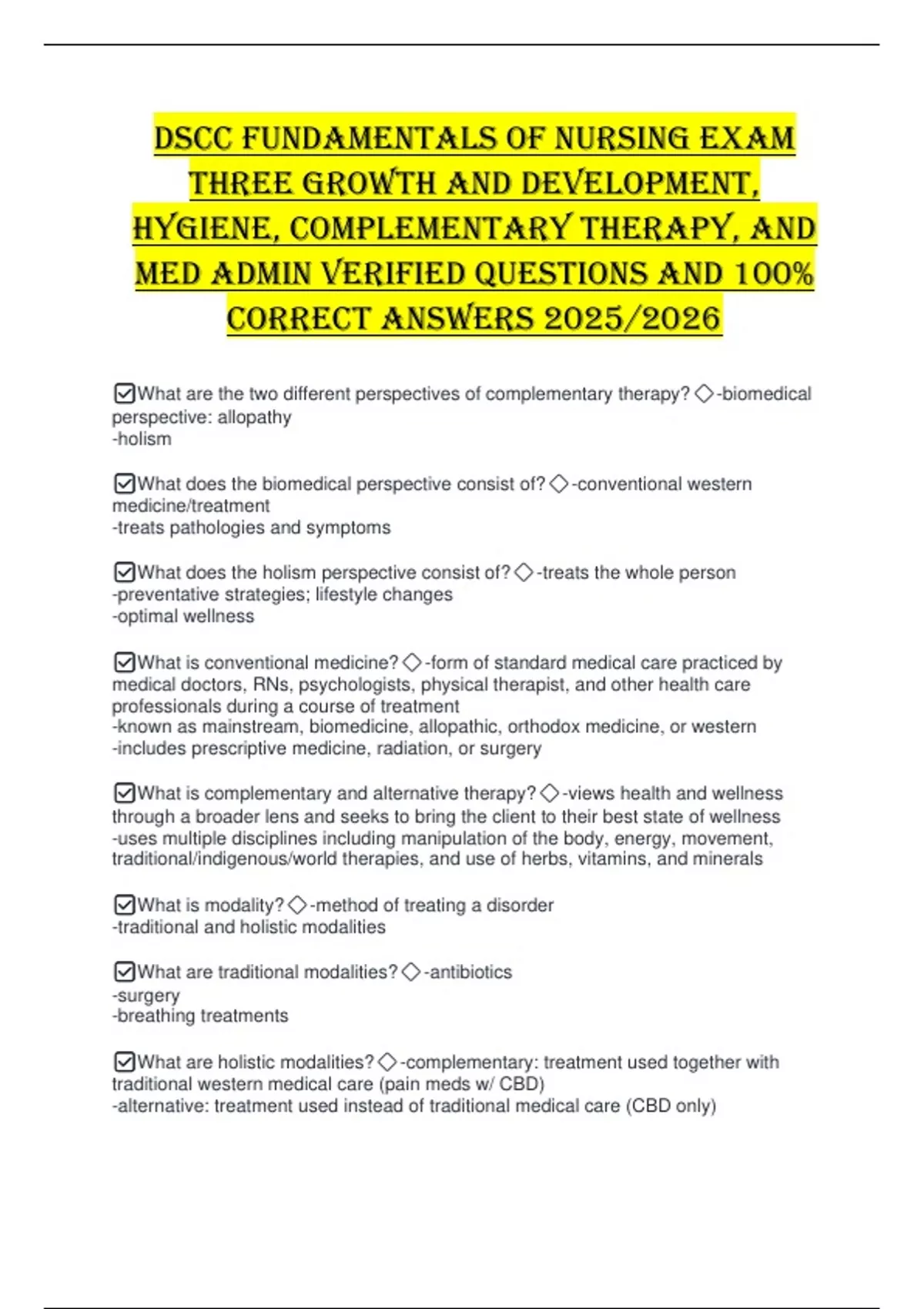 DSCC FUNDAMENTALS OF NURSING EXAM THREE GROWTH AND DEVELOPMENT, HYGIENE, COMPLEMENTARY THERAPY ...