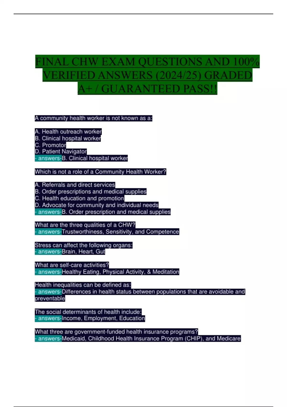 FINAL CHW EXAM 2024: 100% Verified Questions & Answers – Community ...