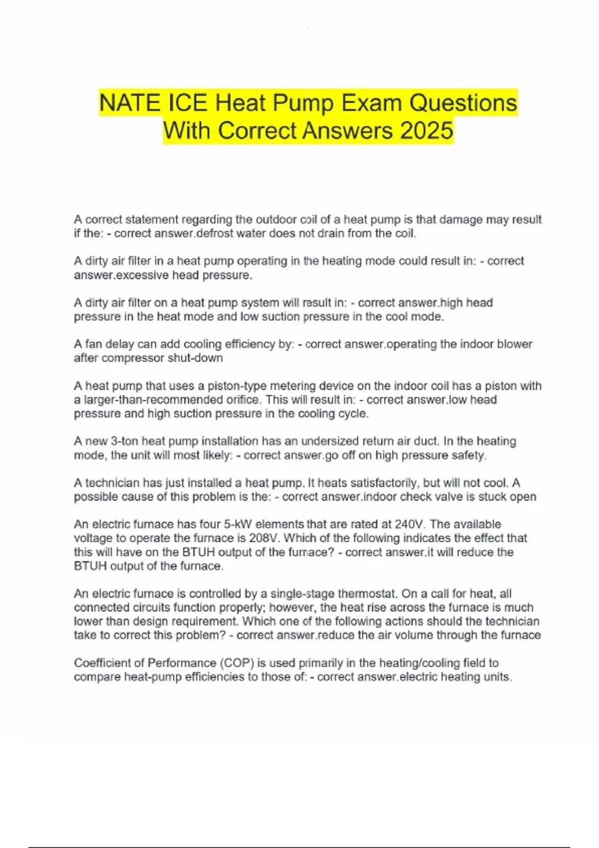 NATE ICE Heat Pump Exam Questions With Correct Answers 2025 - NATE ICE ...