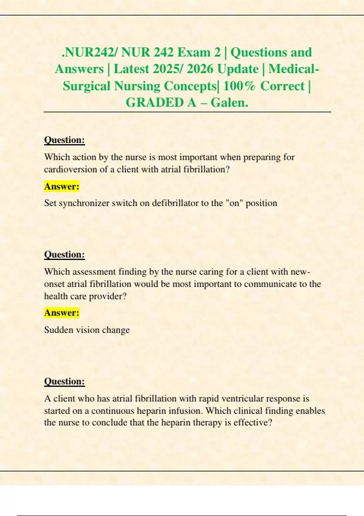 NUR242/ NUR 242 Exam 2 | Questions and Answers | Latest 2025/ 2026 ...