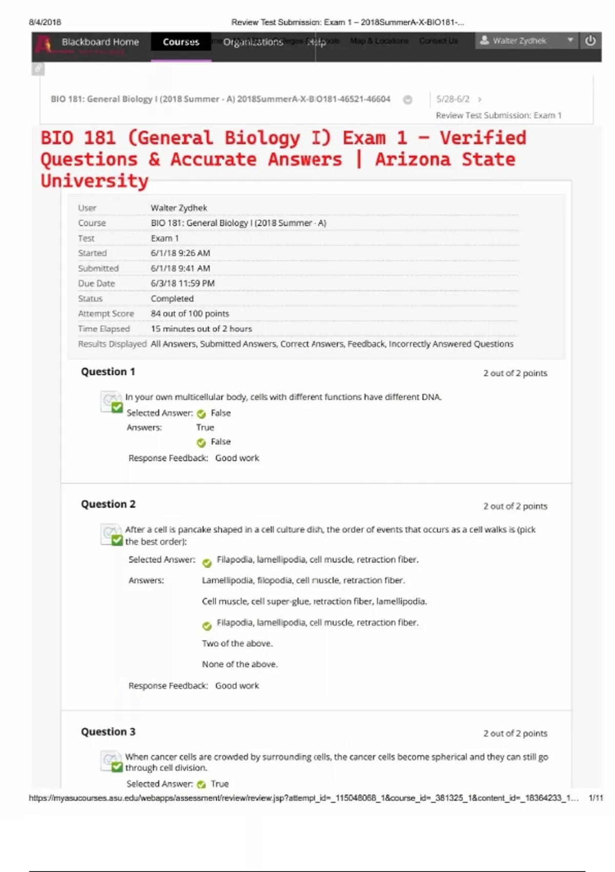 BIO 181 (General Biology I) Exam 1 – Verified Questions & Accurate ...