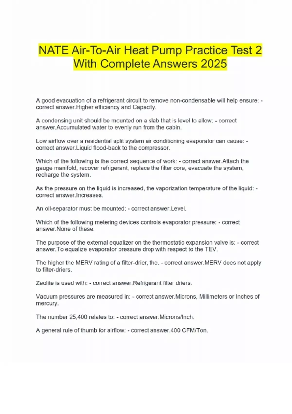 NATE Air-To-Air Heat Pump Practice Test 2 With Complete Answers 2025 ...
