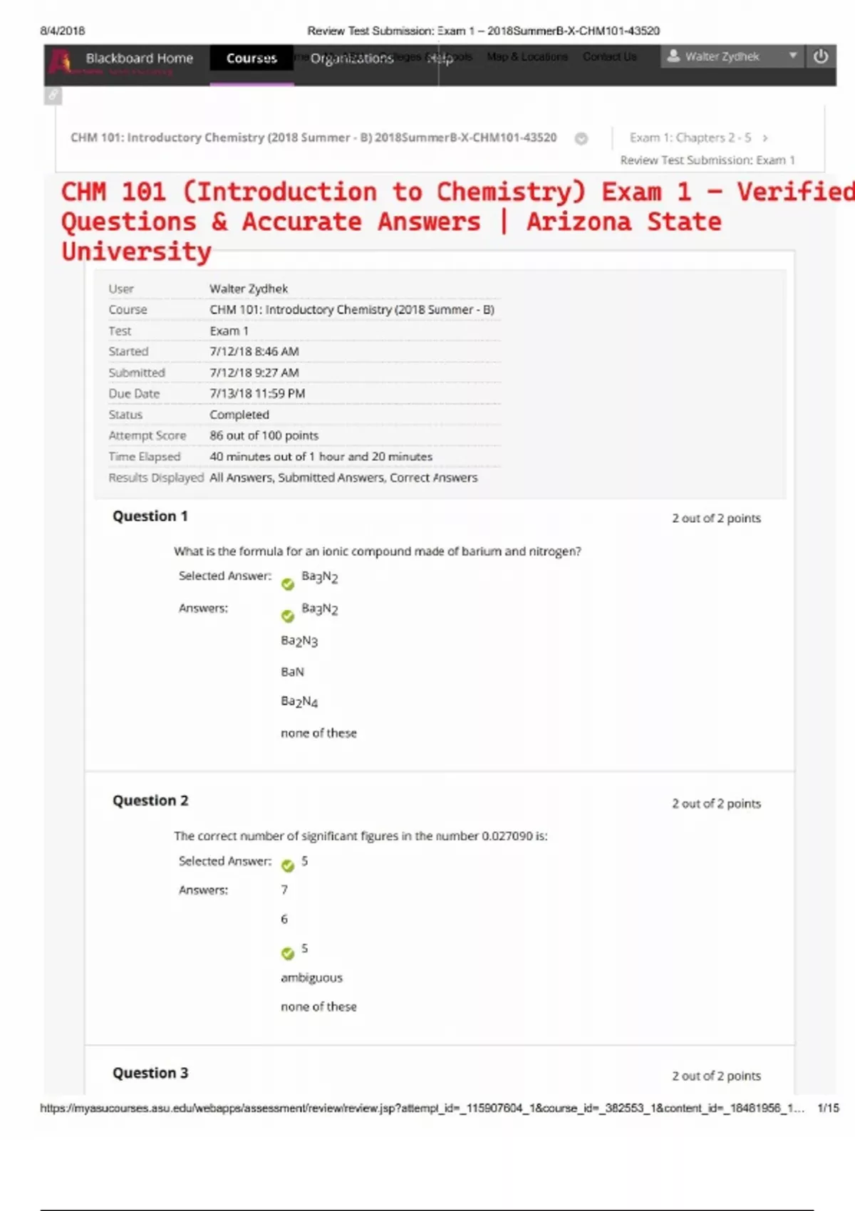 CHM 101 (Introduction to Chemistry) Exam 1 – Verified Questions & Accurate Answers | Arizona ...