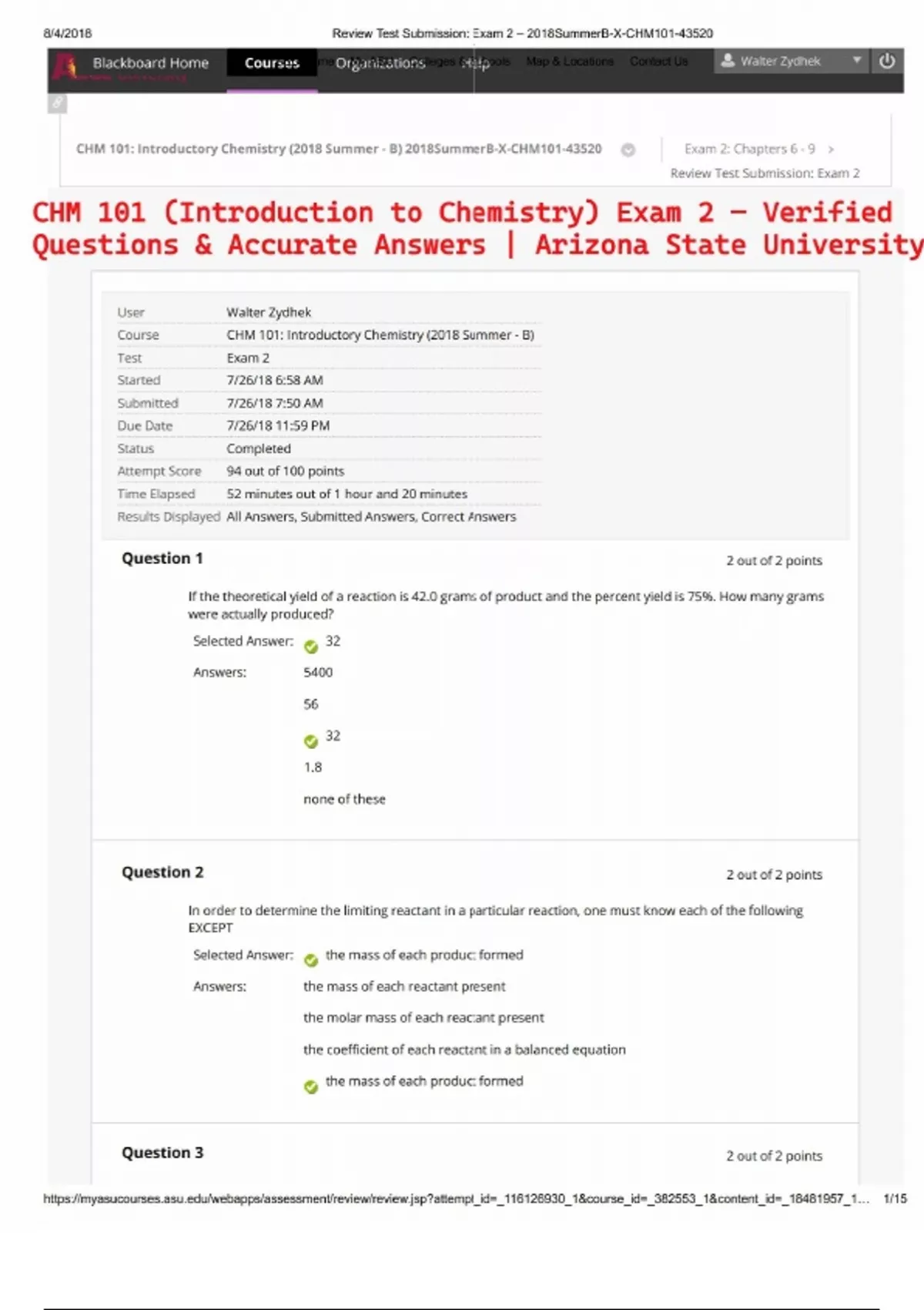 CHM 101 (Introduction to Chemistry) Exam 2 – Verified Questions ...