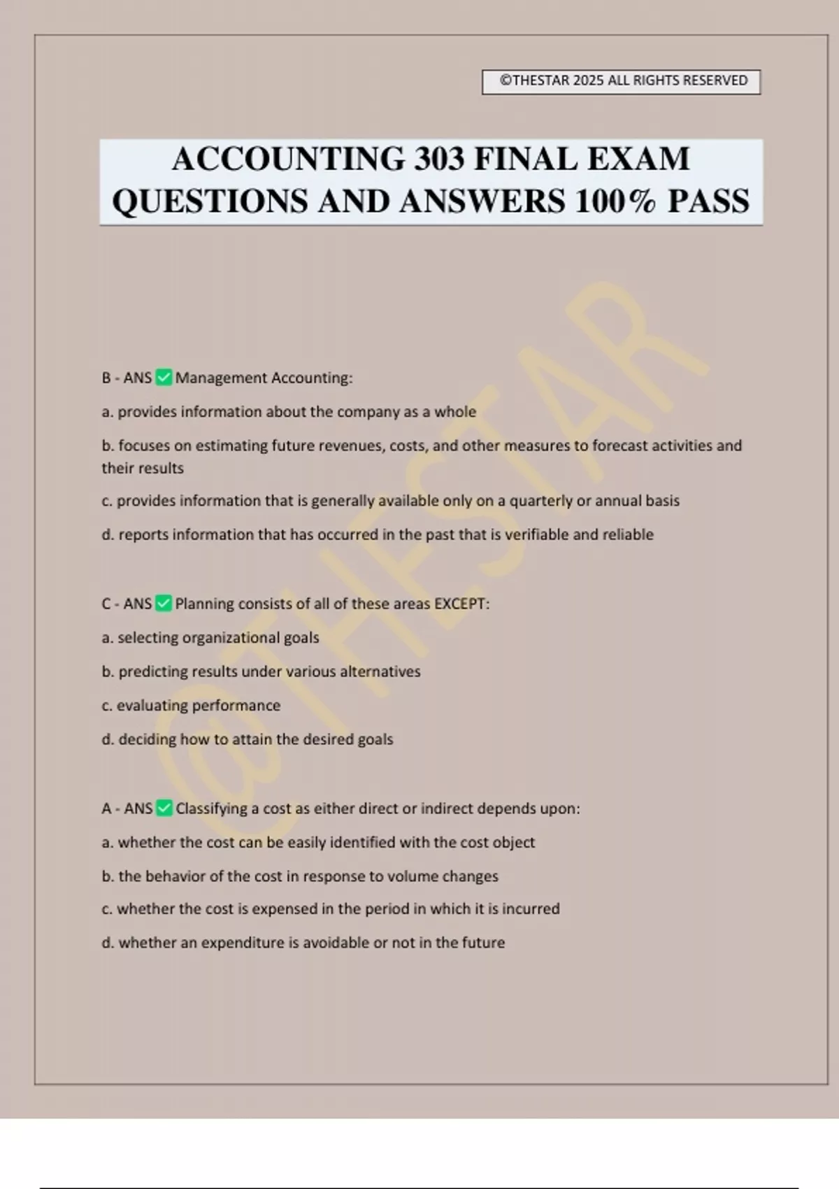 ACCOUNTING 303 FINAL EXAM QUESTIONS AND ANSWERS 100% PASS - ACCOUNTING 303 - Stuvia US