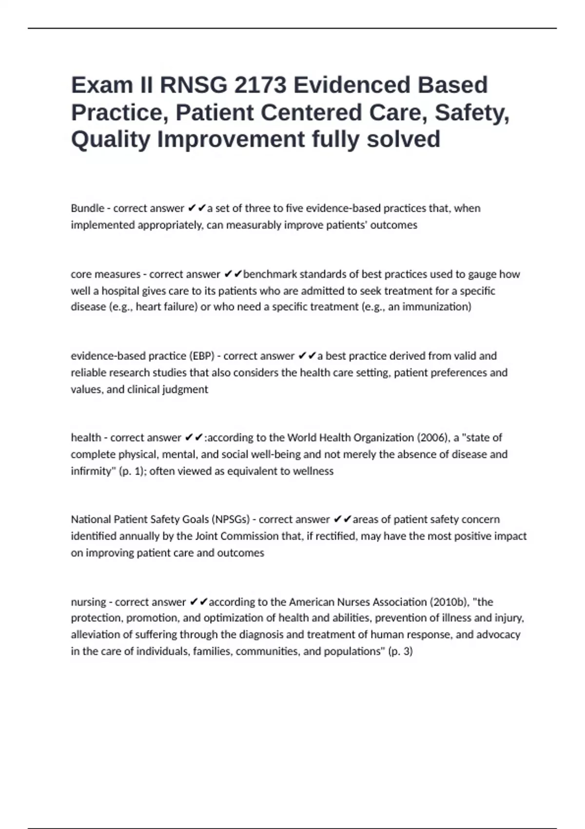 Exam II RNSG 2173 Evidenced Based Practice, Patient Centered Care ...