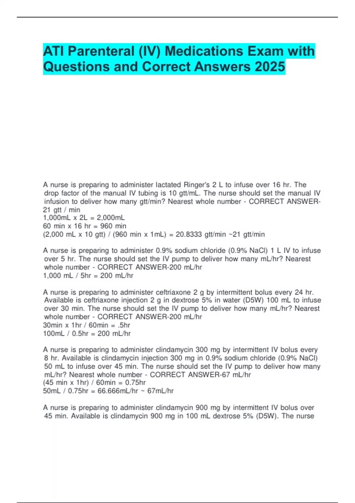 ATI Parenteral (IV) Medications Exam with Questions and Correct Answers ...