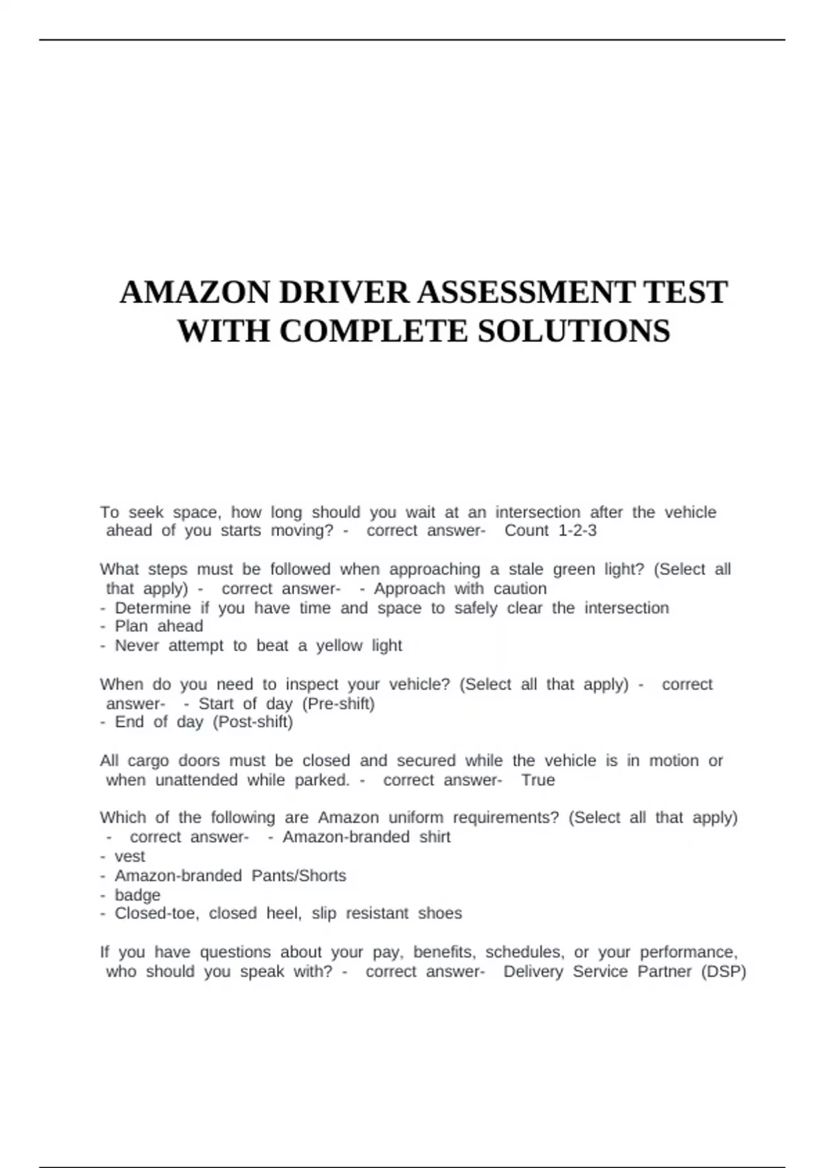 AMAZON DRIVER ASSESSMENT TEST WITH COMPLETE SOLUTIONS - AMAZON - Stuvia US